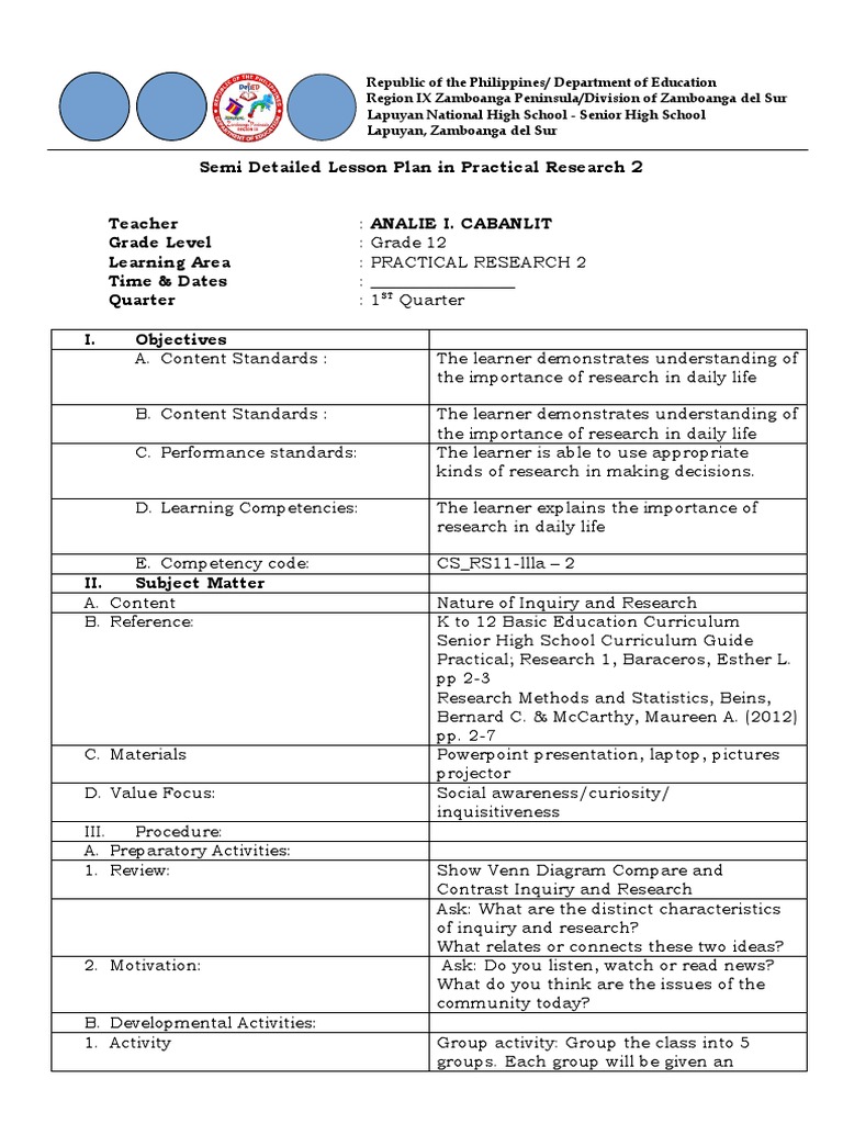 Semi Detailed Lesson Plan in Practical Research 2 week 2 | PDF