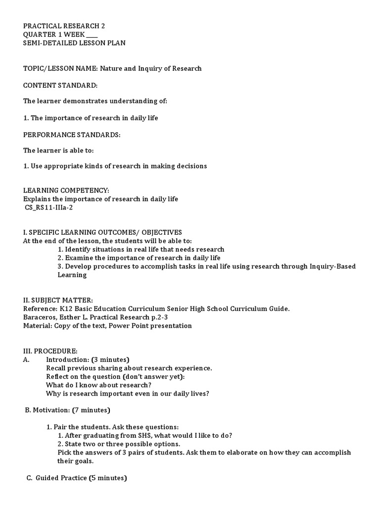 Semi-Detailed Lesson Plan: Research Importance | PDF | Inquiry Based ...
