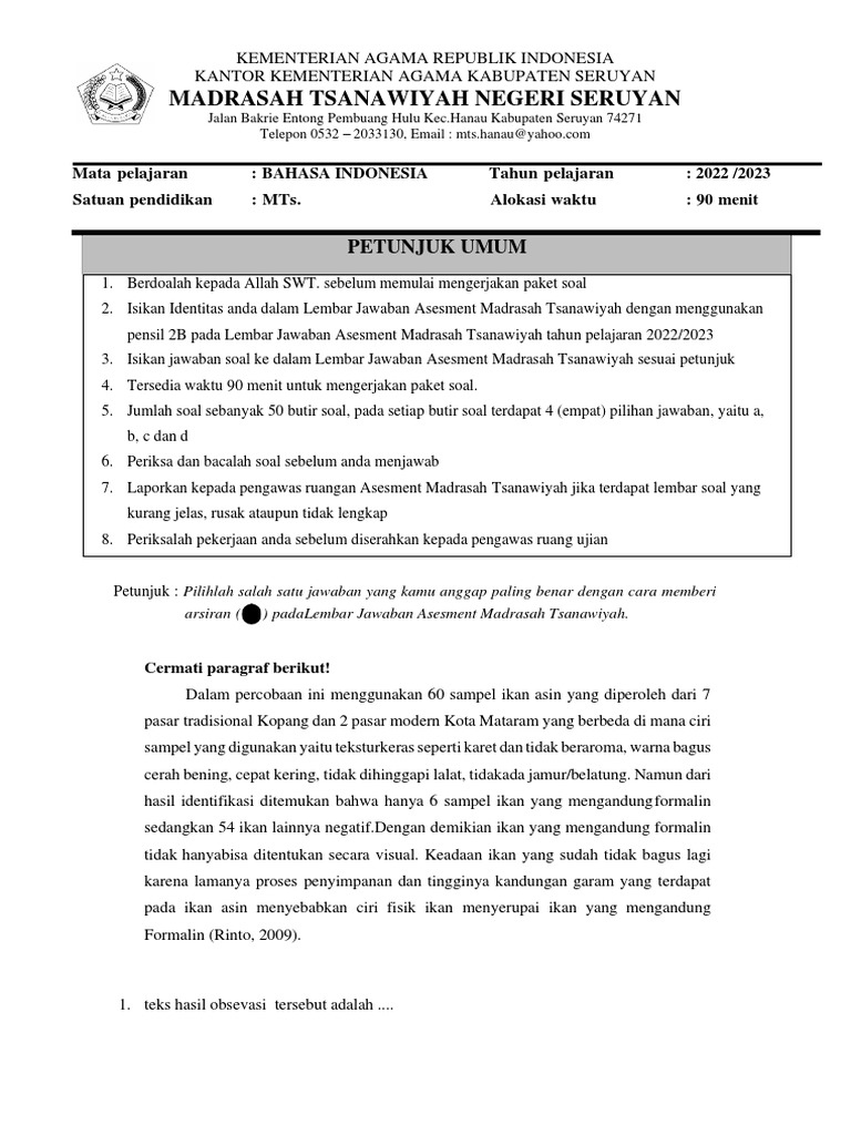 Soal Bahasa Indonesia Rosadah 2023 | PDF