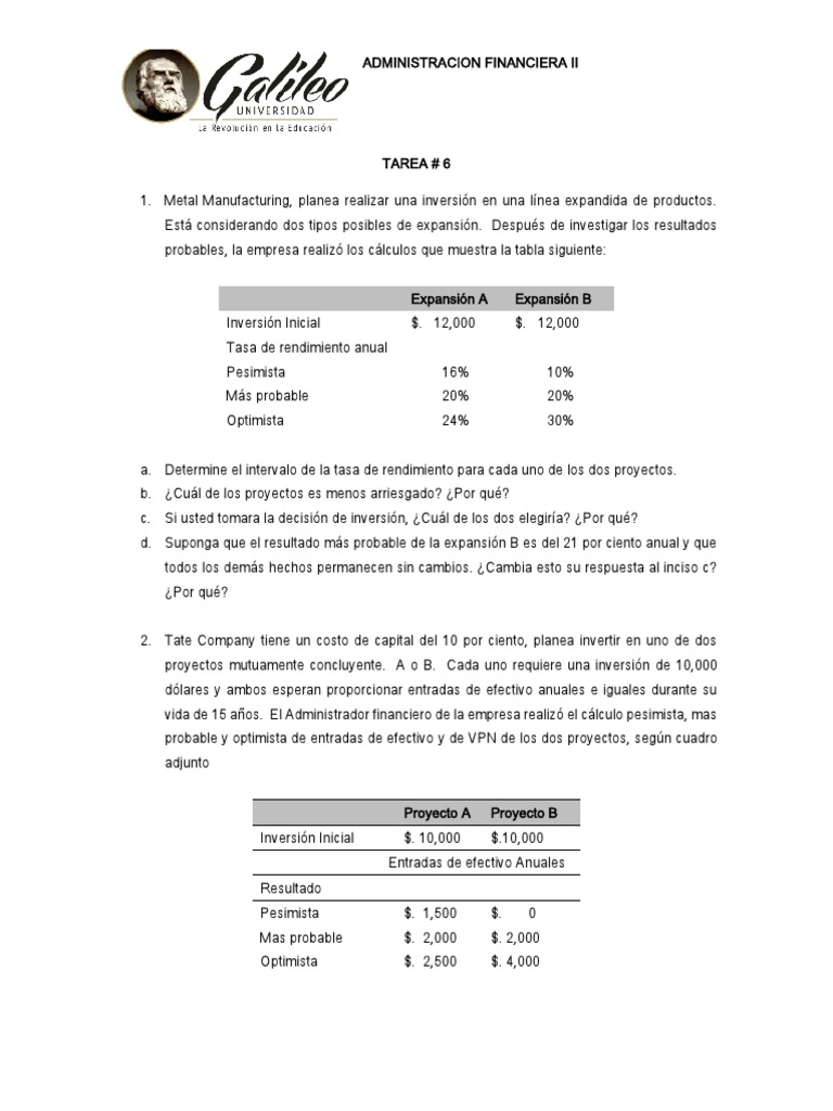 Tarea Vi | PDF | Tasa interna de retorno | Economias