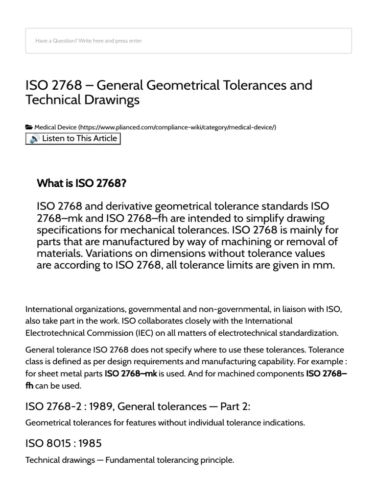 ISO 2768 - General Geometrical Tolerances and Technical Drawings - Plianced Inc. | PDF ...
