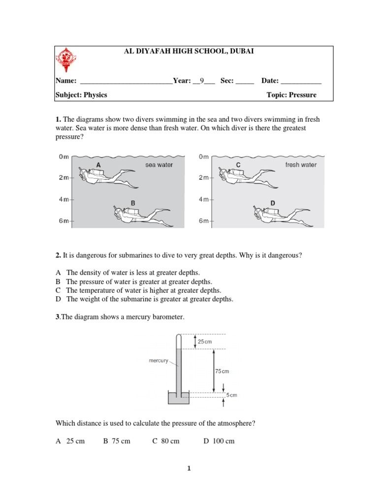 Year 9 Physics Pressure Worksheet | PDF | Pressure | Water