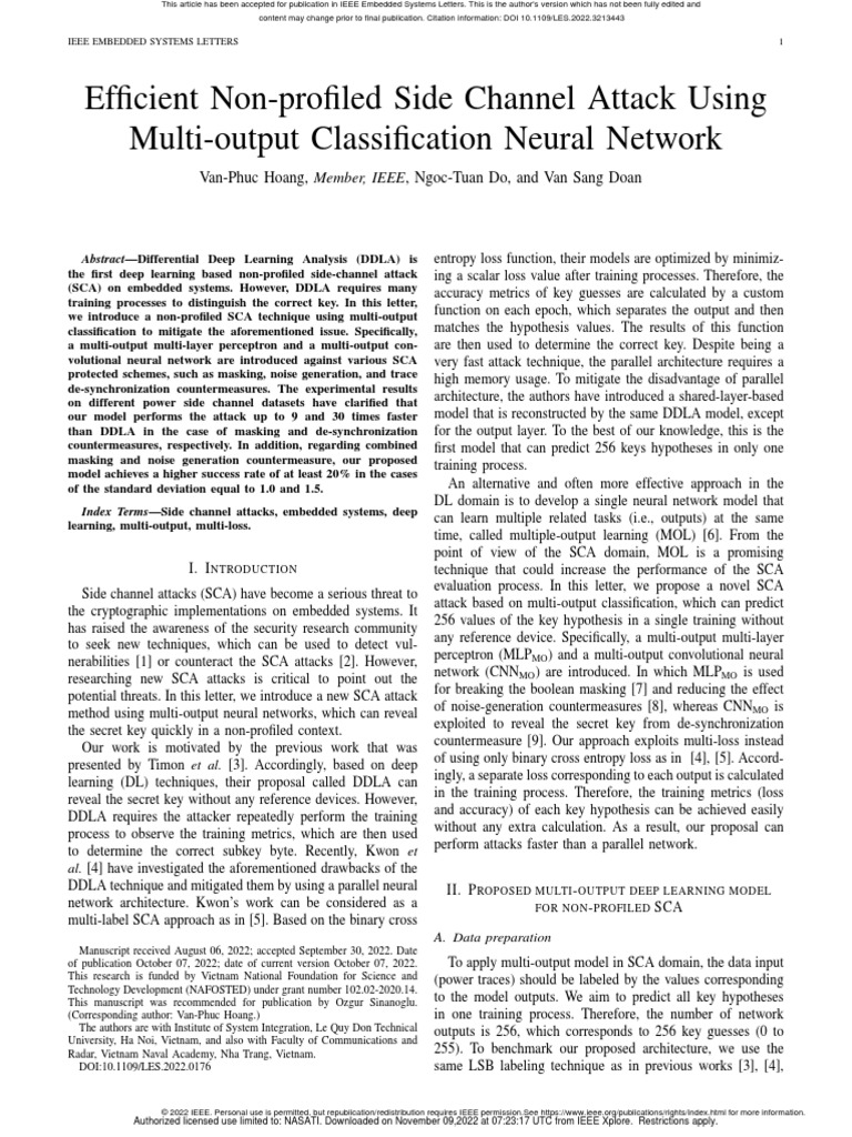 Efficient Non-Profiled Side Channel Attack Using Multi-Output Classification Neural Network ...