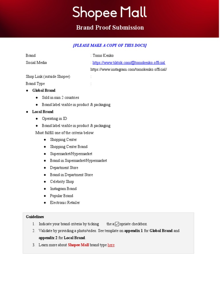 Shopee Mall Brand Proof Submission (Please Make A Copy of This Docs) | PDF