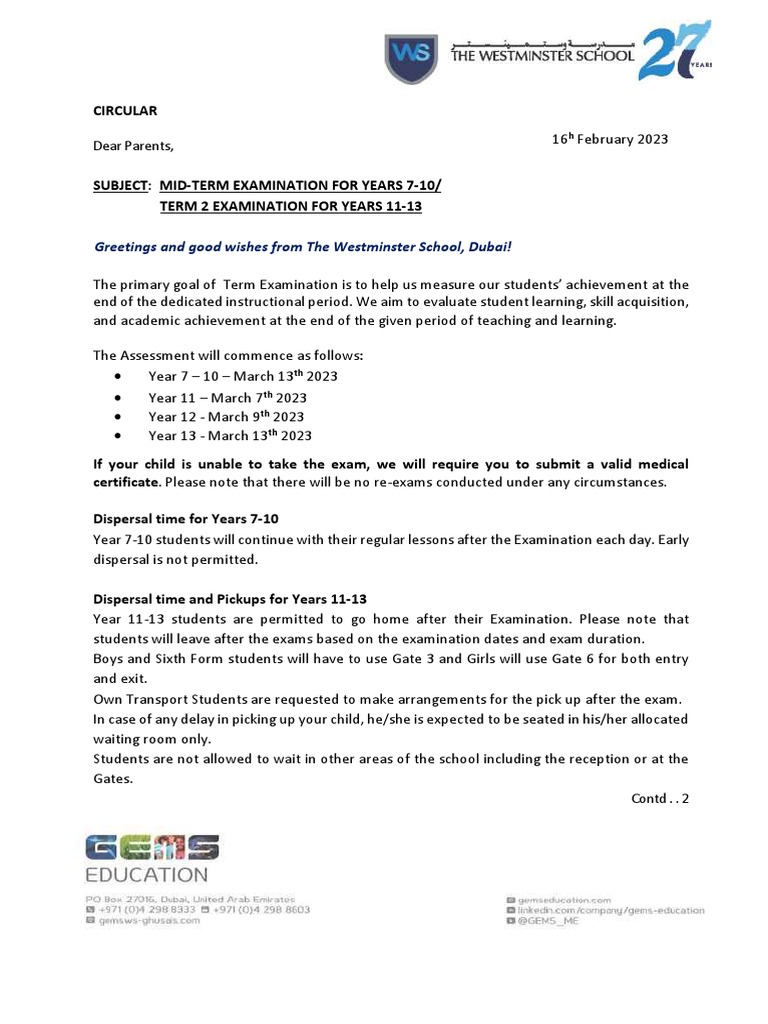 Circular To Parents of Years 7 To 13 Students - Mid-term-Term 2 Exam and Schedule | PDF ...