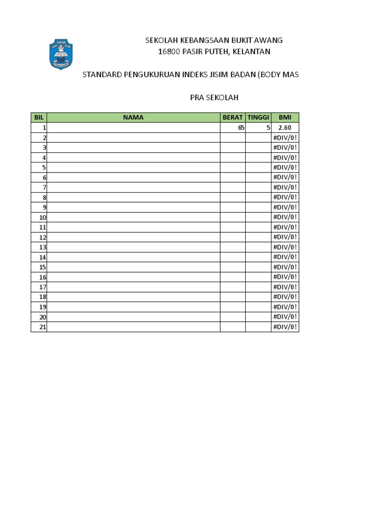Borang Standard BMI | PDF