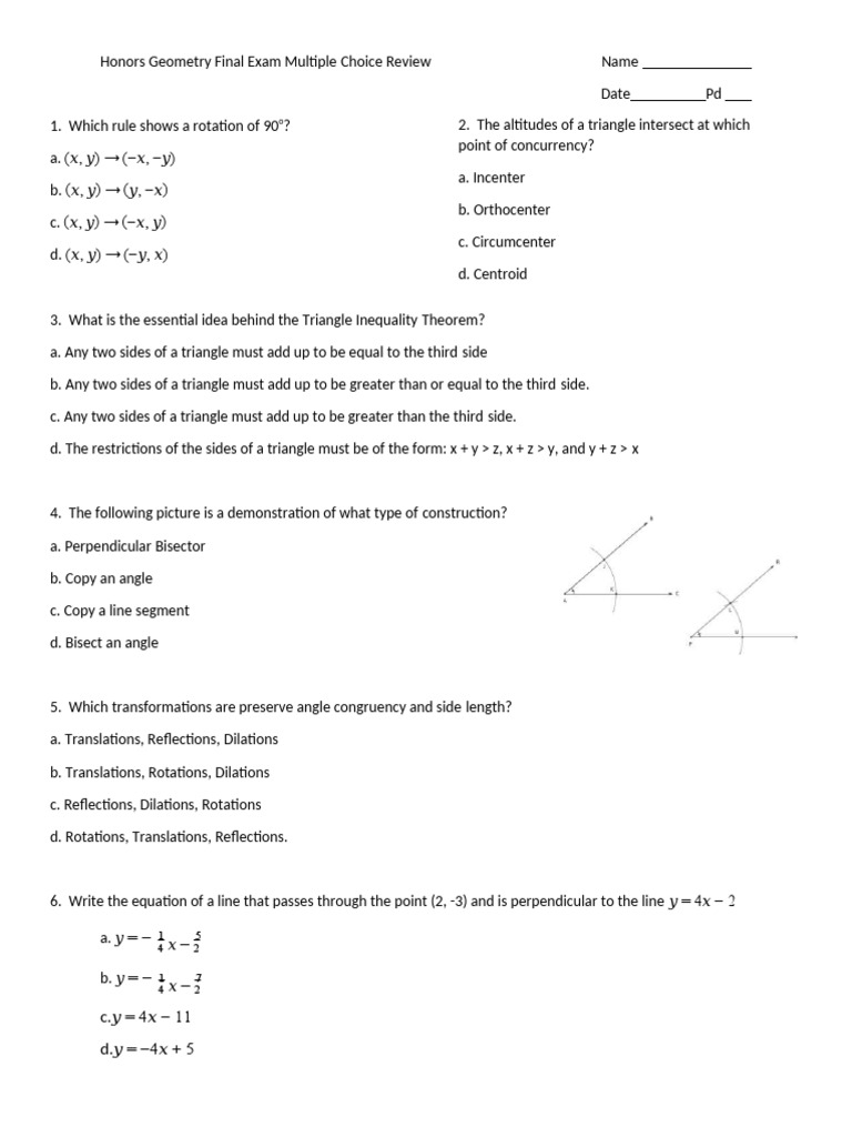 Honors Geometry Exam Review Guide | PDF | Teaching Methods & Materials