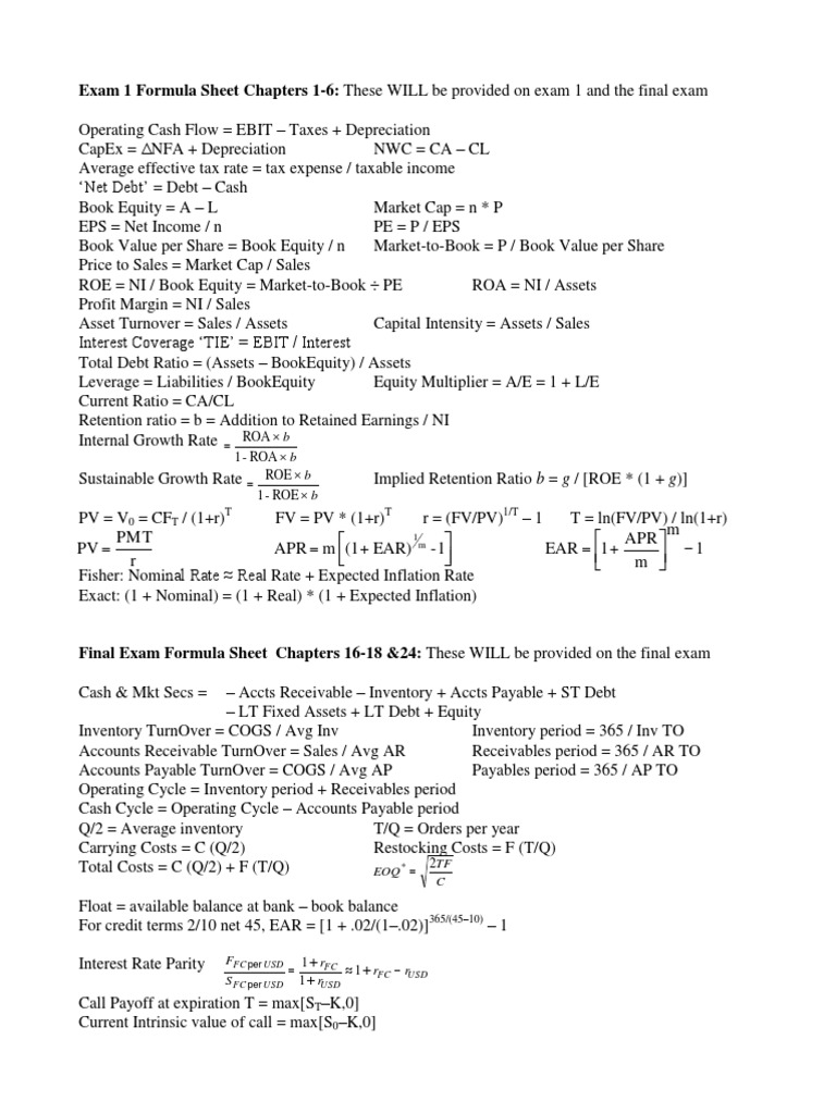 Exam Formula Sheet | PDF | Return On Equity | Equity (Finance)