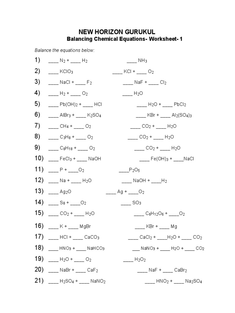 Balancing Equations Worksheet | PDF