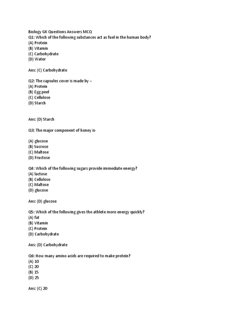 Biology GK Questions Answers MCQ | PDF | Carbohydrates | Glucose