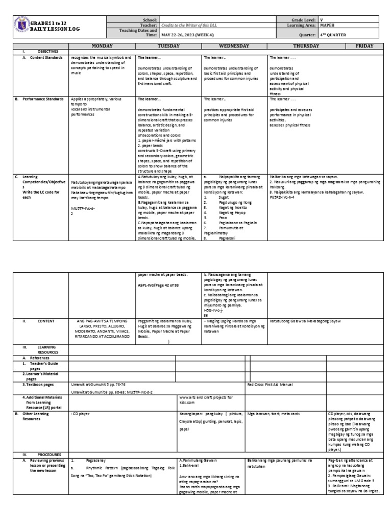 Weekly MAPEH Lesson Plan for Grades 5 | PDF | Learning | Tempo
