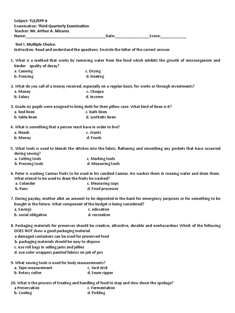 Tle 6 Exam | PDF | Food Preservation | Food And Drink