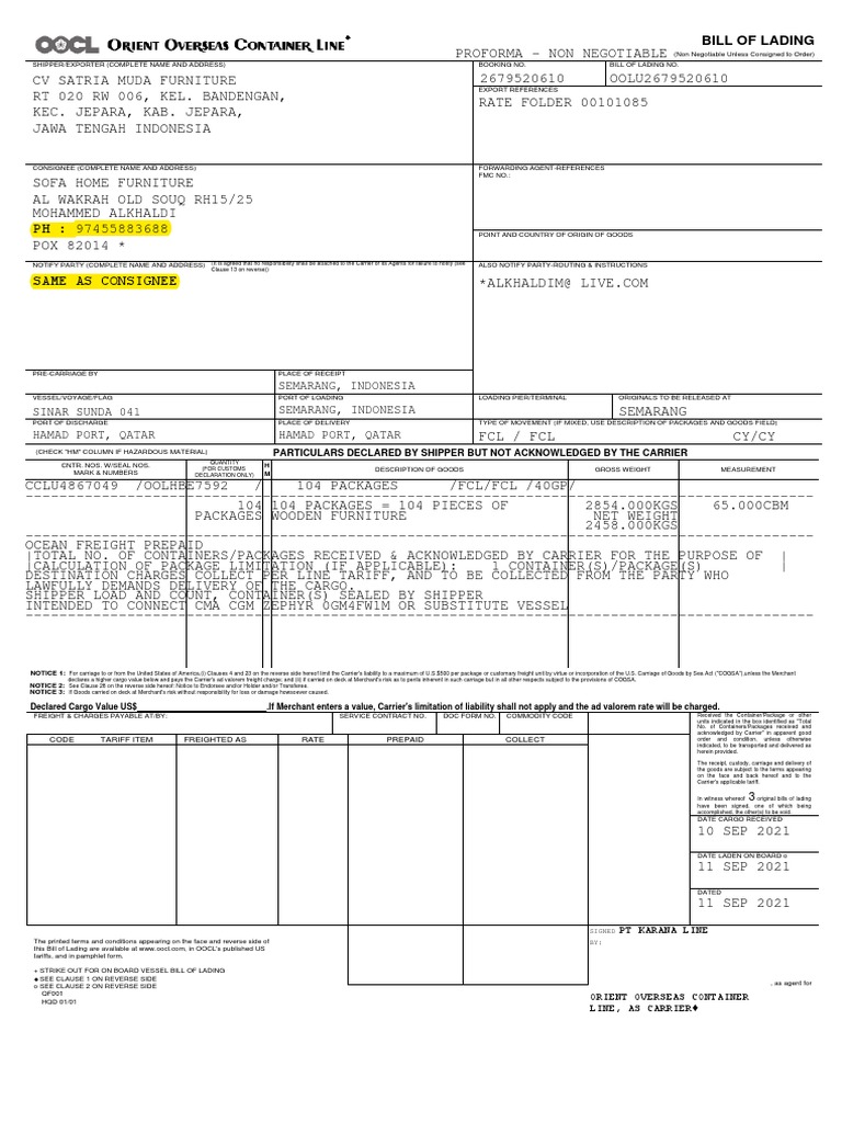 Bill of Lading: Semarang, Indonesia Semarang, Indonesia Sinar Sunda 041 ...