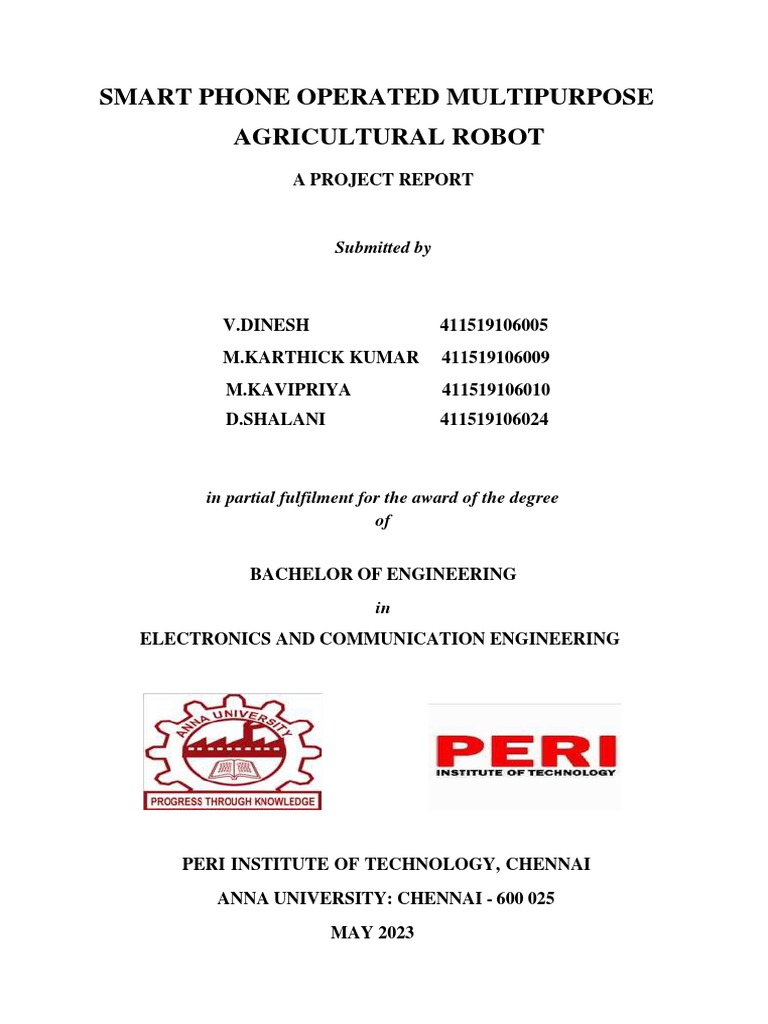 Smart Phone Operated Multipurpose Agricultural Robot Report M.karthick Kumar | PDF | Electric ...