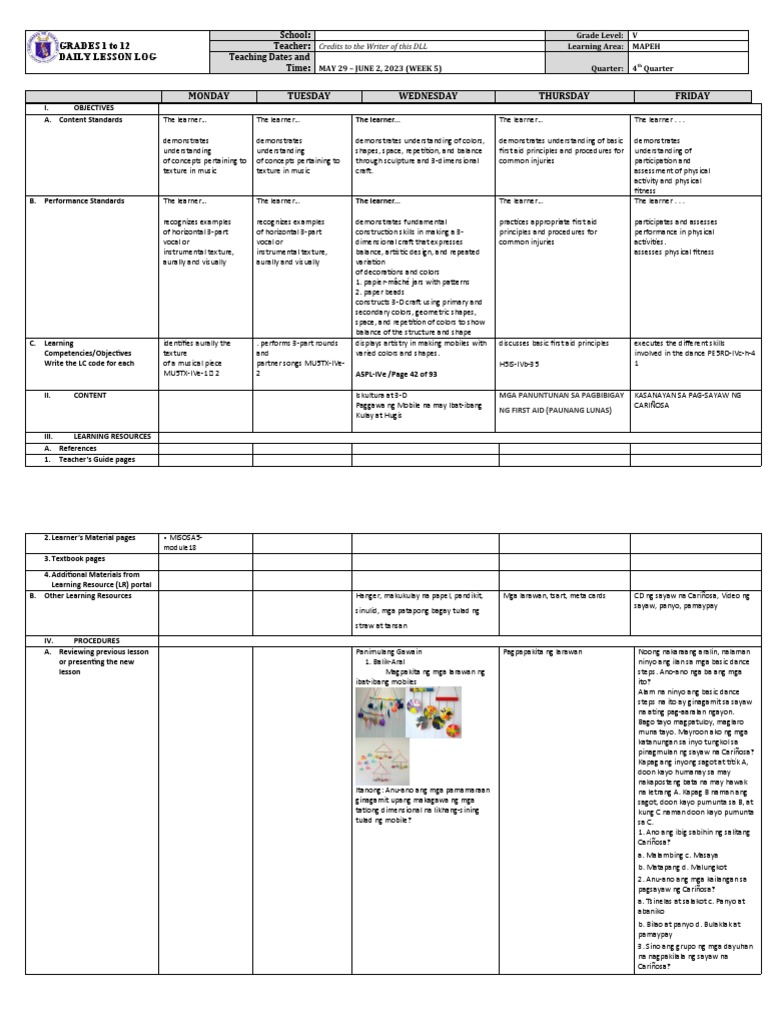 Grade 5 DLL MAPEH 5 Q4 Week 5 | PDF