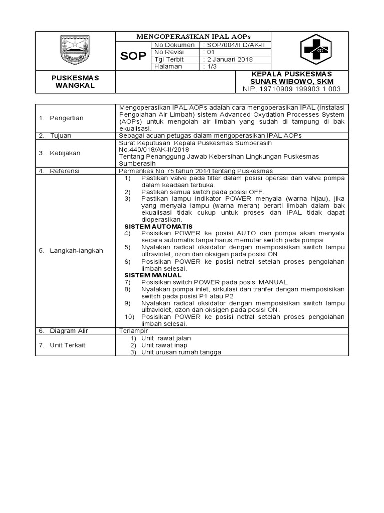 SOP Mengoperasikan IPAL Sumberasih - 2018 | PDF