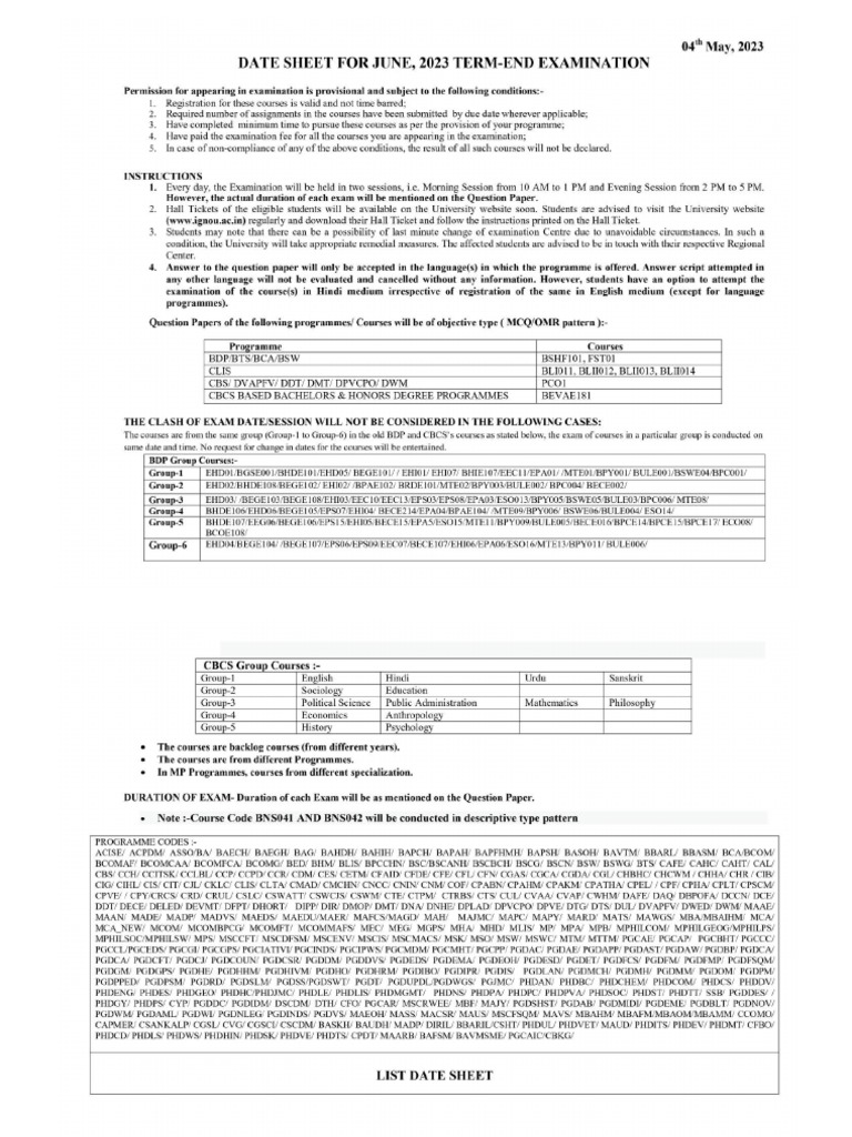 IGNOU Date Sheet June 2023 Updated On 04 May 2023 | PDF