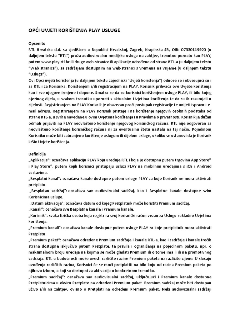 Opći Uvjeti Korištenja Play Usluge | PDF