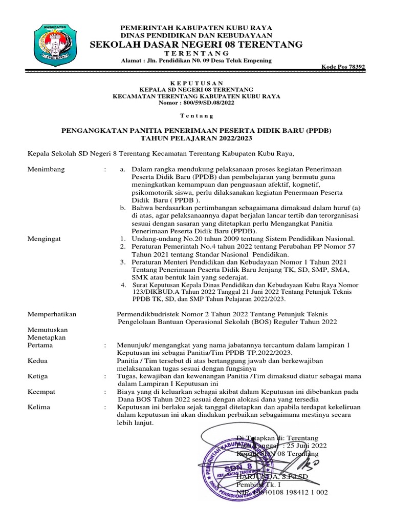 SK Panitia PPDB 2022 Sdn8terentang | PDF