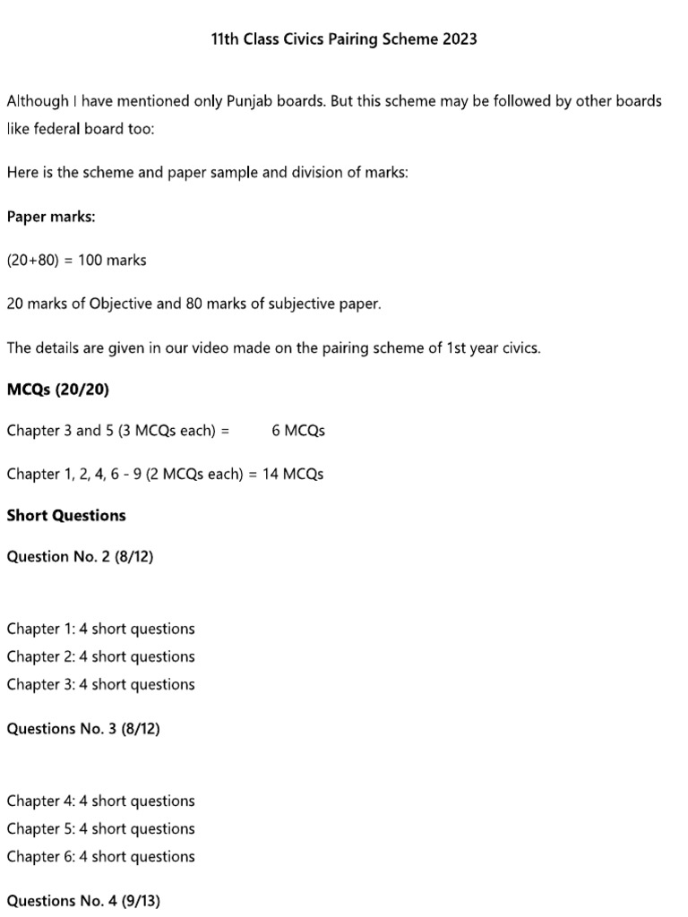 11th Class Civics Pairing Scheme 2023 - 230310 - 223719 | PDF