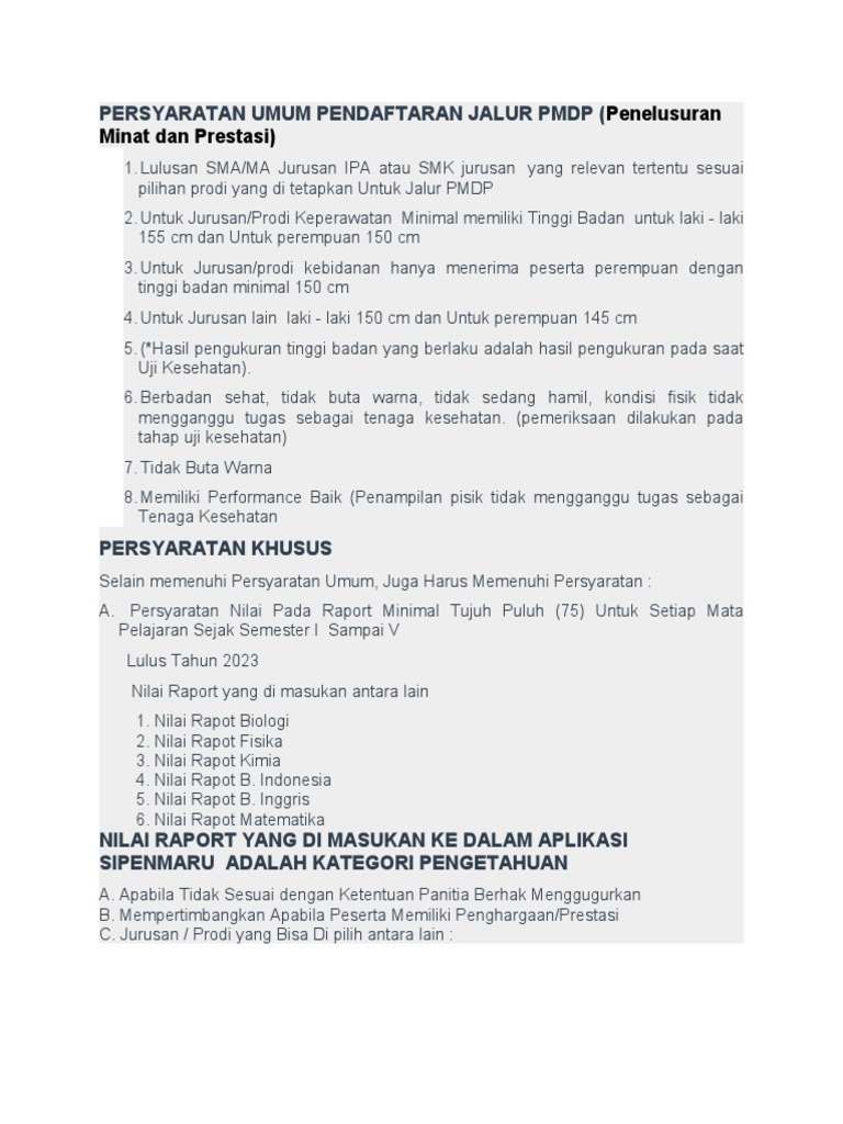 Persyaratan Umum Pendaftaran Jalur PMDP Polteks Bandung | PDF