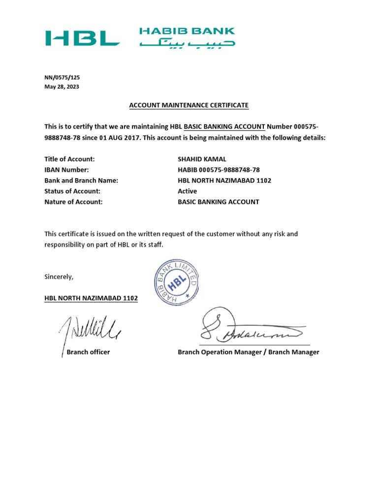 HBL Account Maintenance Certificate | PDF | Cash | Automated Teller Machine