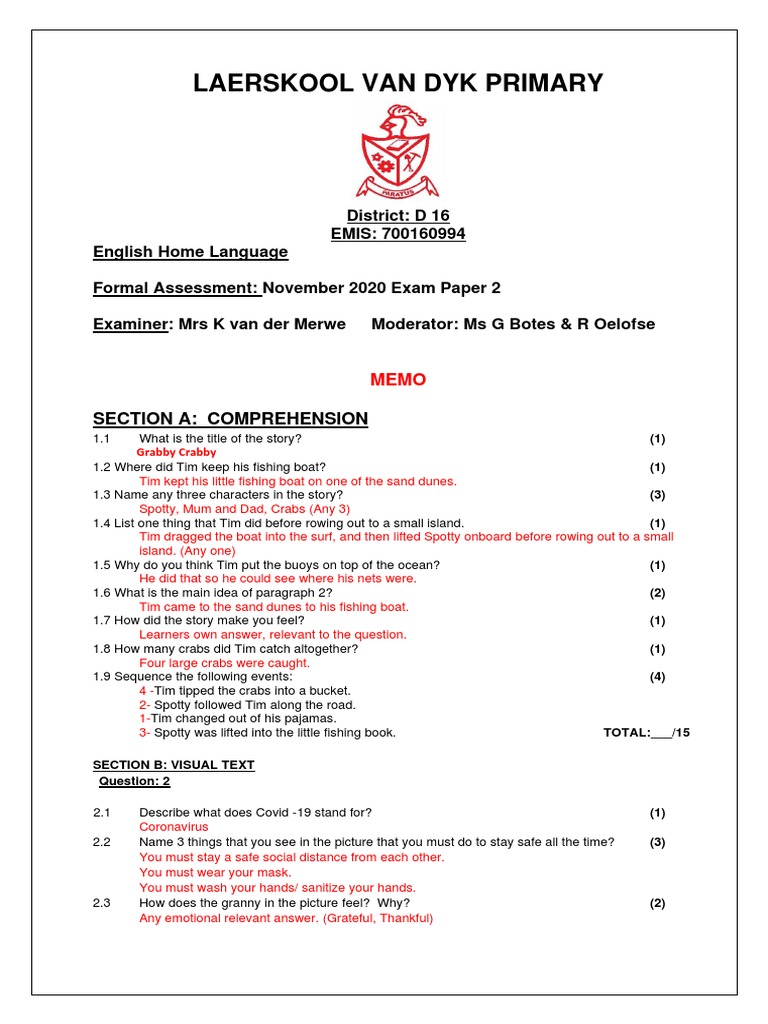 2020 November Exam Paper Gr4 English HL Memo | PDF | Verb | Noun