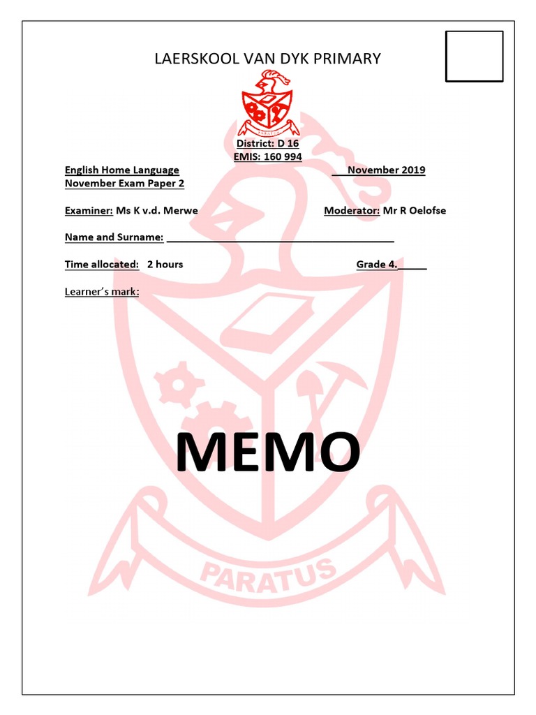 Grade 4 English Exam Paper 2 Memo | PDF