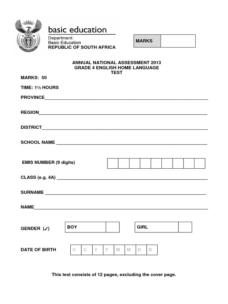 New 2013 Grade 4 English HL 2013 Test | PDF | English Language ...