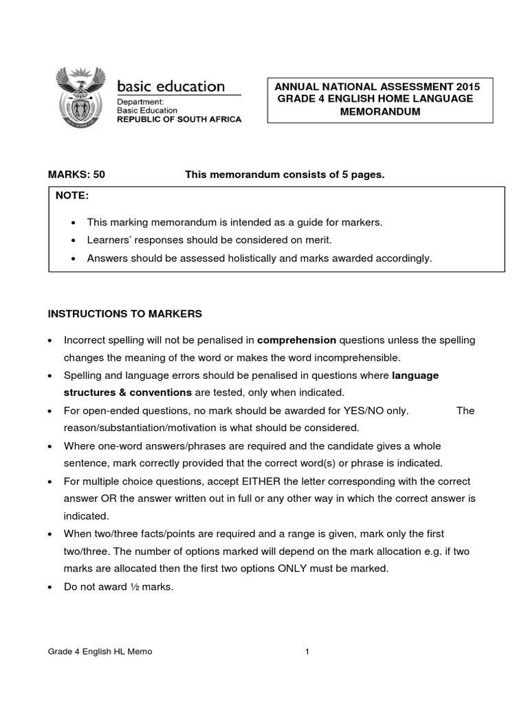 2015 Grade 4 English HL Test Memo | PDF | English Language | Spelling