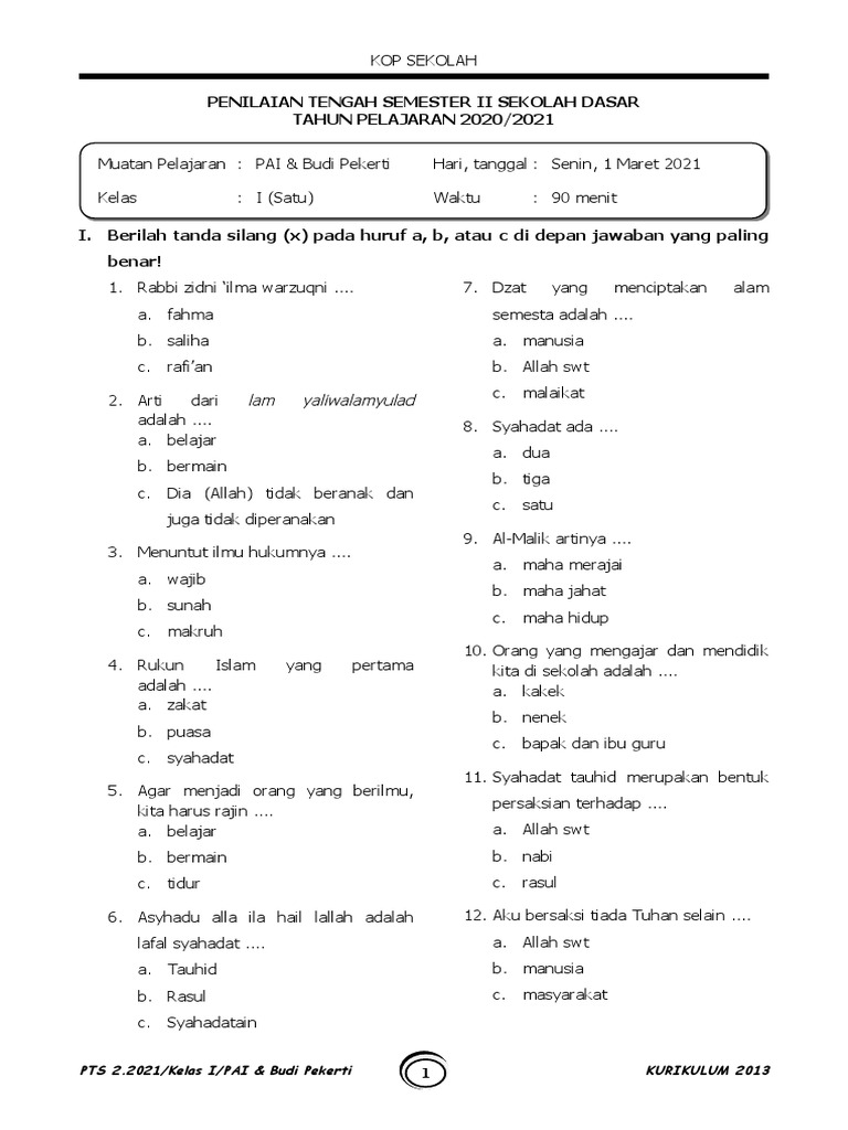 Soal Uts Agama Islam Kelas 1 | PDF