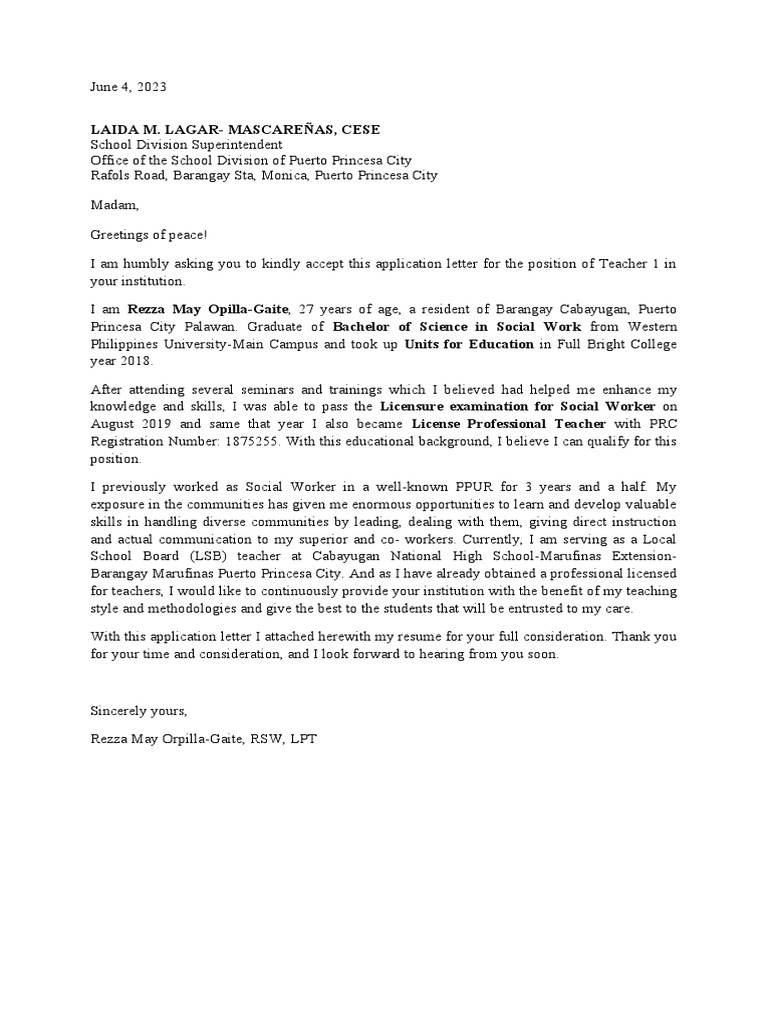 Application Letter For Teacher 1 | PDF