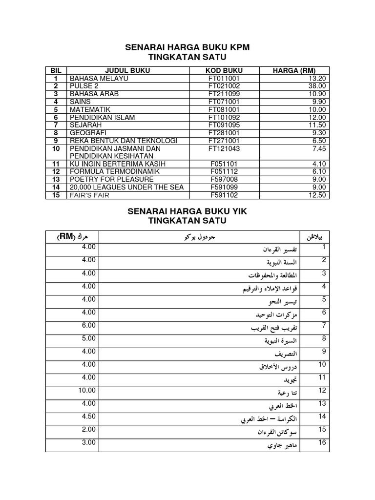 Senarai Harga Buku KPM & Yik | PDF
