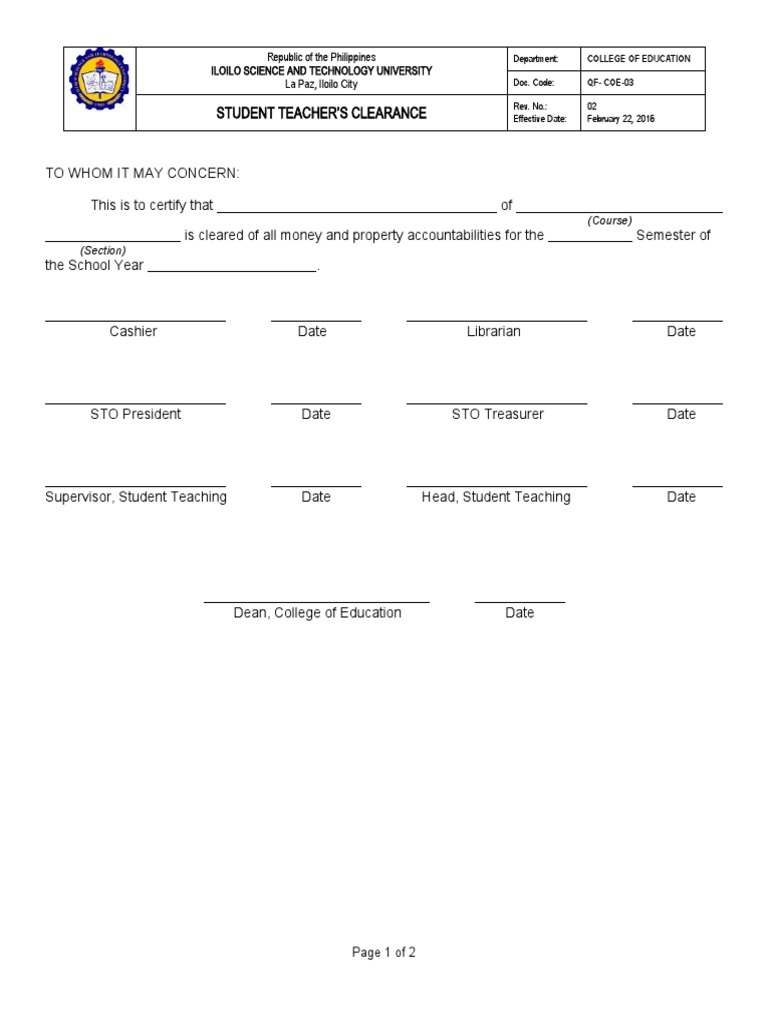 QF Coe 03 Student Teachers Clearance 1 1 1 | PDF