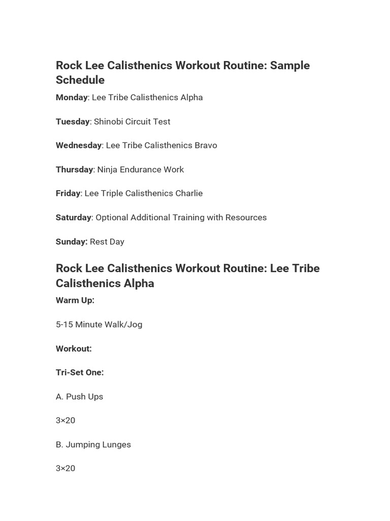 Rock Lee Calisthenics Workout Routine | PDF
