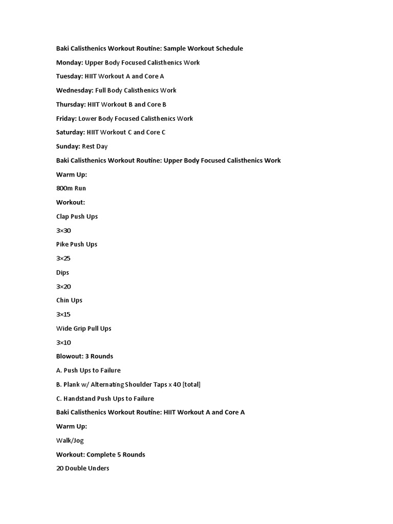 Baki Calisthenics Workout Routine | PDF