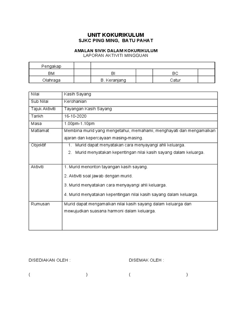 Contoh Format Laporan Pendidikan Sivik DLM KK | PDF