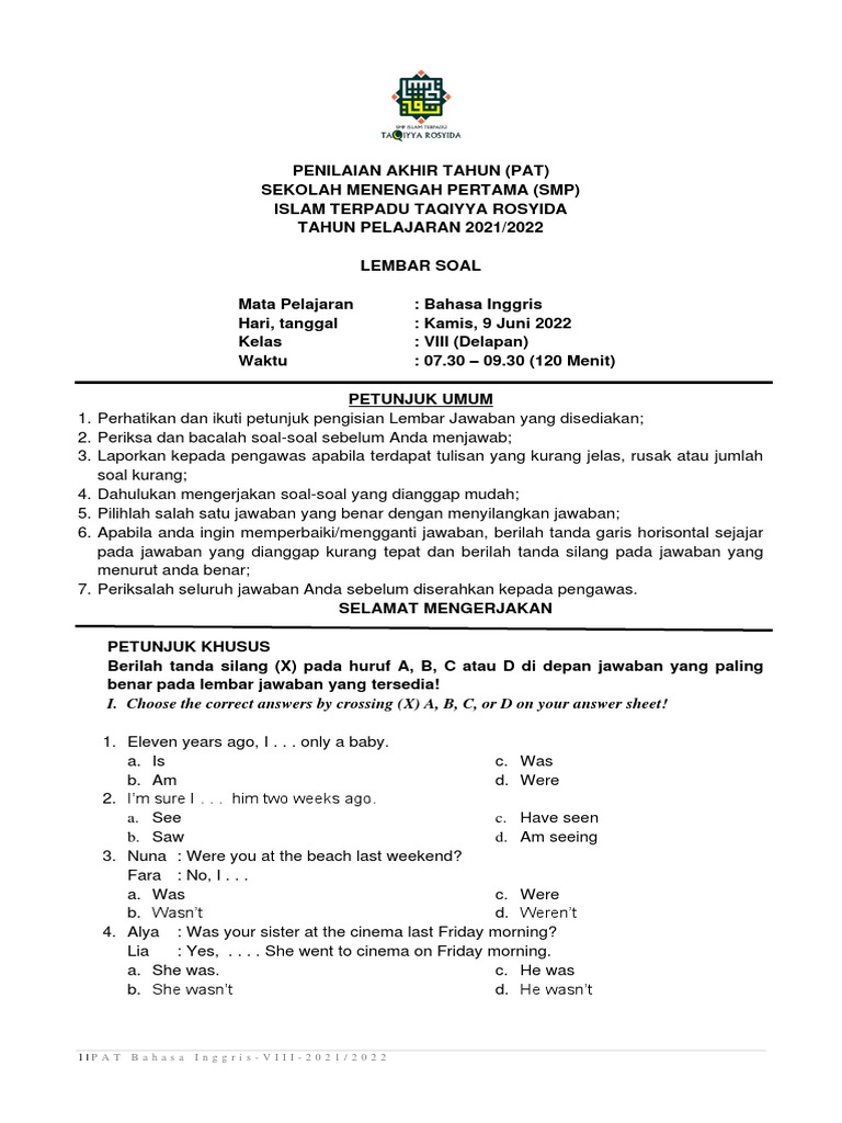 PAT ENGLISH 2022 Grade 8 | PDF