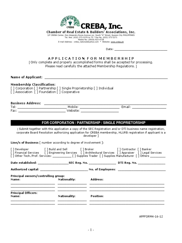 CREBA Membership Application2015 | PDF | Board Of Directors | Sole ...