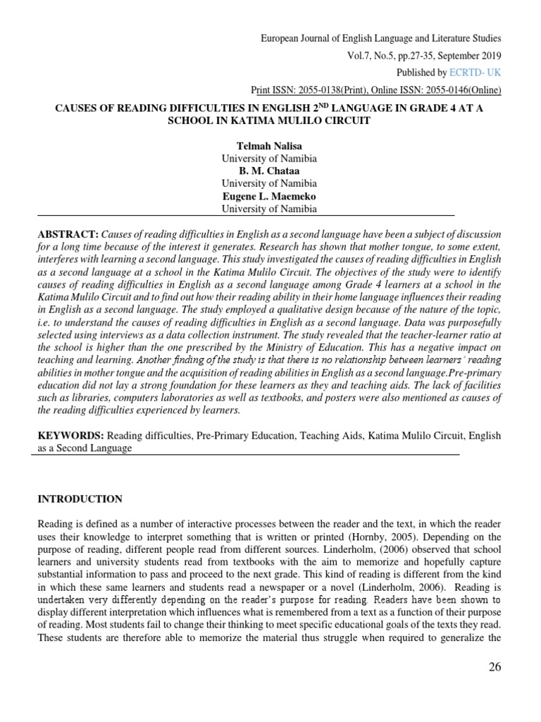 Causes of Reading Difficulties in English 2nd Language in Grade 4 at A School in Katima Mulilo ...