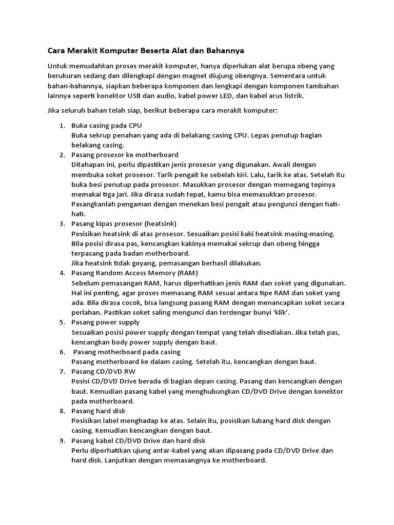 Cara Merakit Komputer Beserta Alat Dan Bahannya | PDF