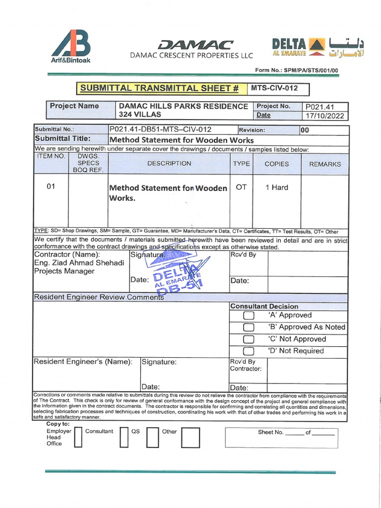 P021.41 DB51 MTS CIV 012 Rev00 Method Statement For Wooden Works | PDF
