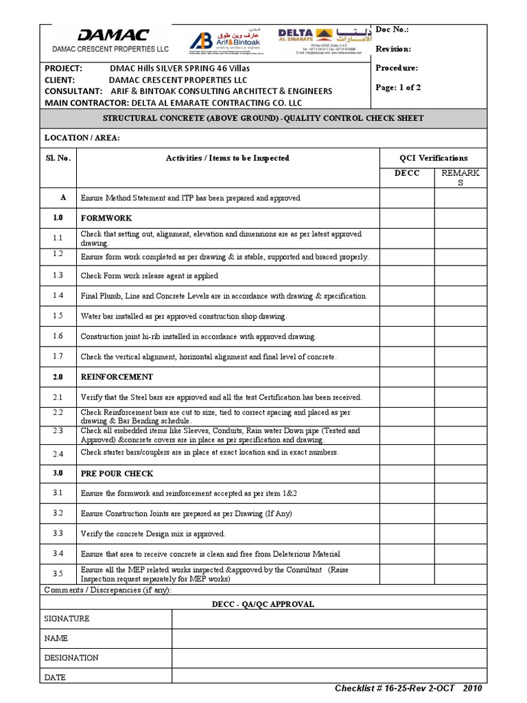16-25 Rev-2 Checklist - Structural Concrete (Above Ground) | PDF