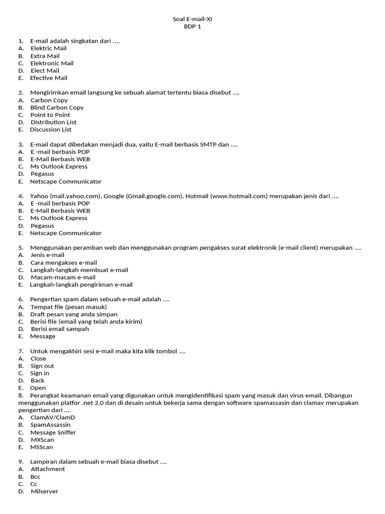 Latihan Soal Email Xi BDP 1 | PDF