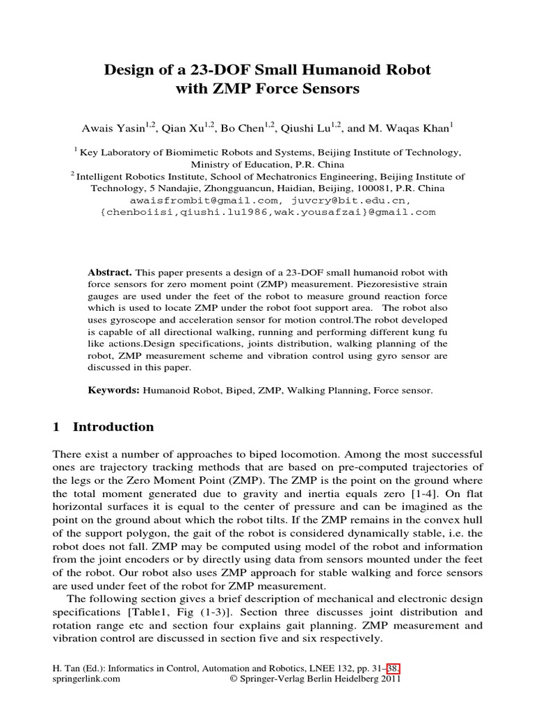 Design of A 23-DOF Small Humanoid Robot With ZMP Force Sensors | PDF ...