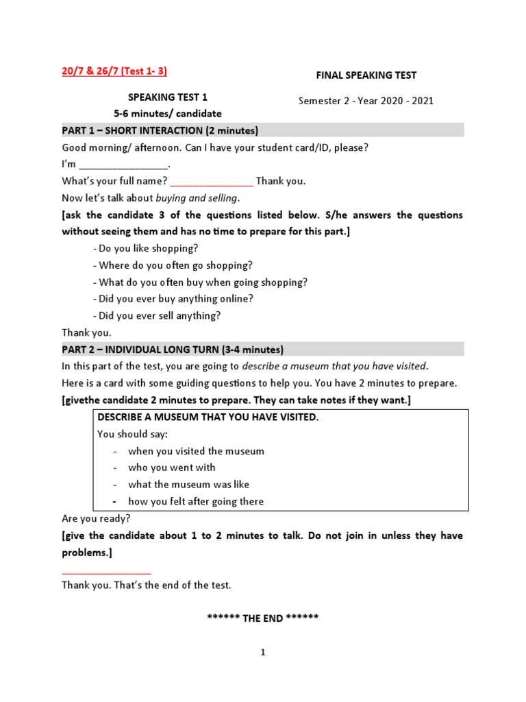 Course 1 D20 - Speaking Test | PDF