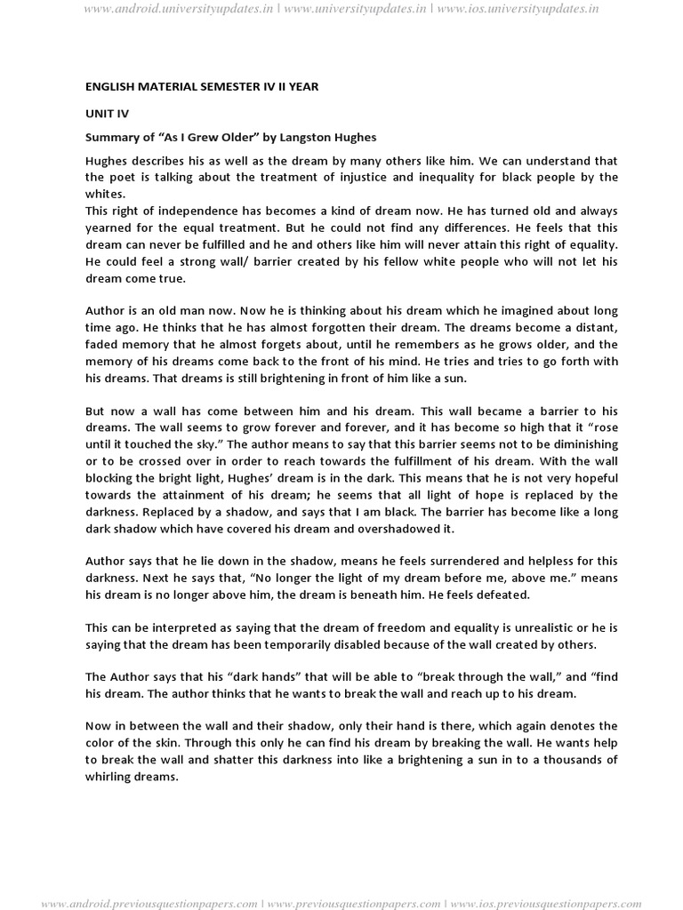 Summary of Langston Hughes' "As I Grew Older" | PDF | Poetry | Democracy