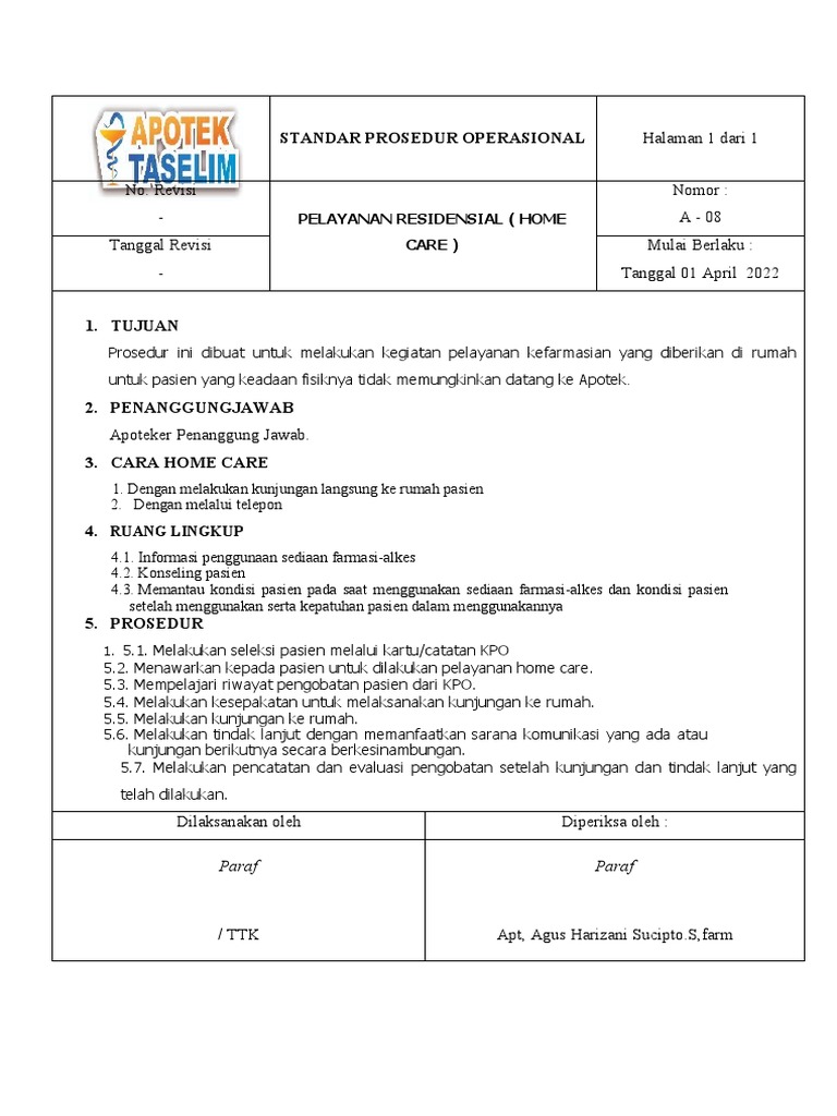 Sop Pelayanan Residensial (Home Care) | PDF