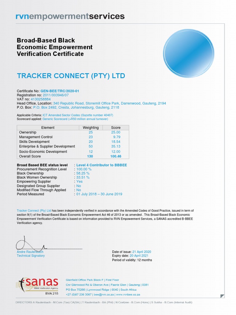 Tracker Connect B-BBEE Verification 2020 | PDF