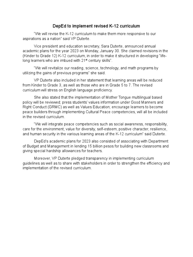 Revised K-12 Curriculum Implementation | PDF